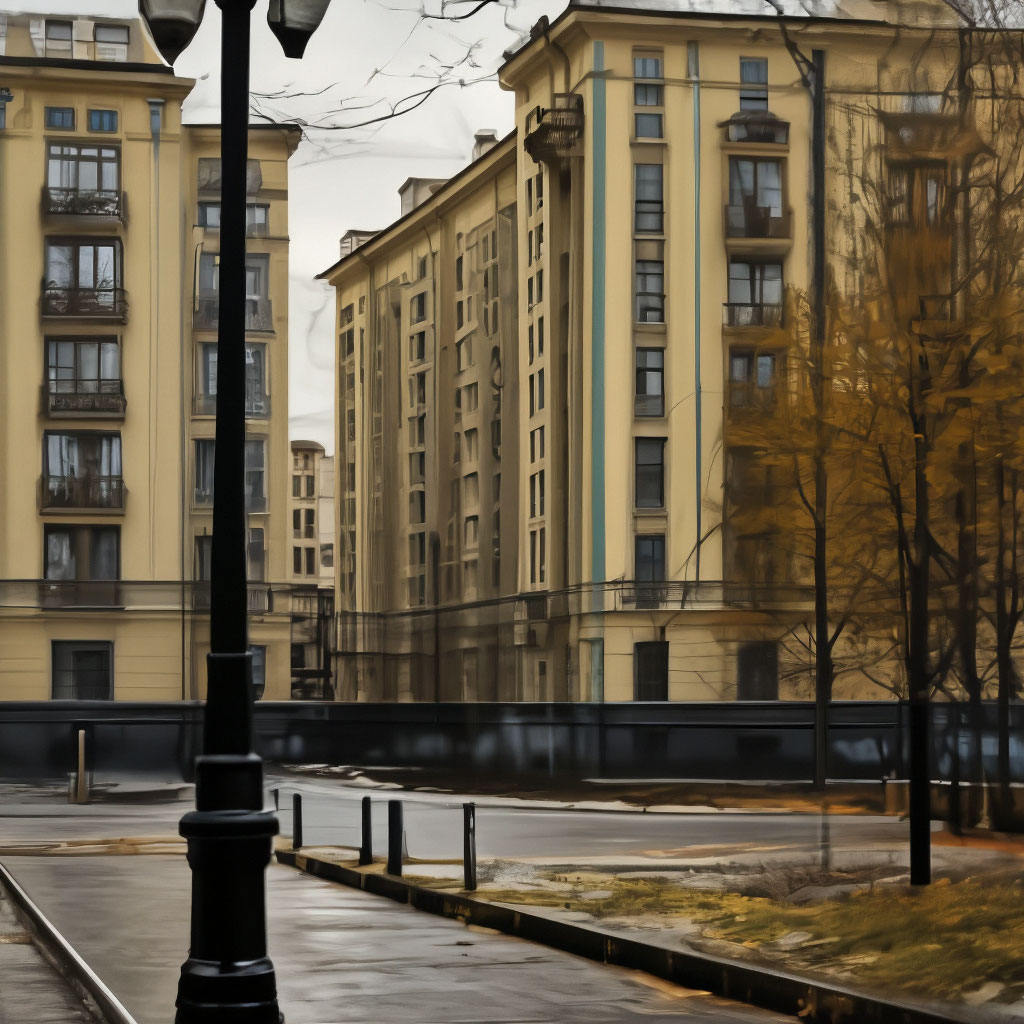 "City Soviet building, Stalinka, 2000, yard, trees, swing, lantern ...