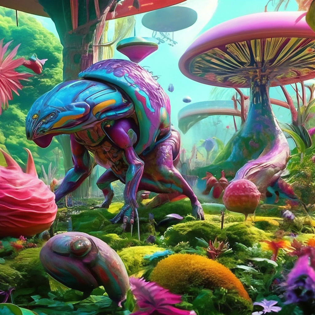 "Fabulous beasts in an alien garden" — image created in Shedevrum