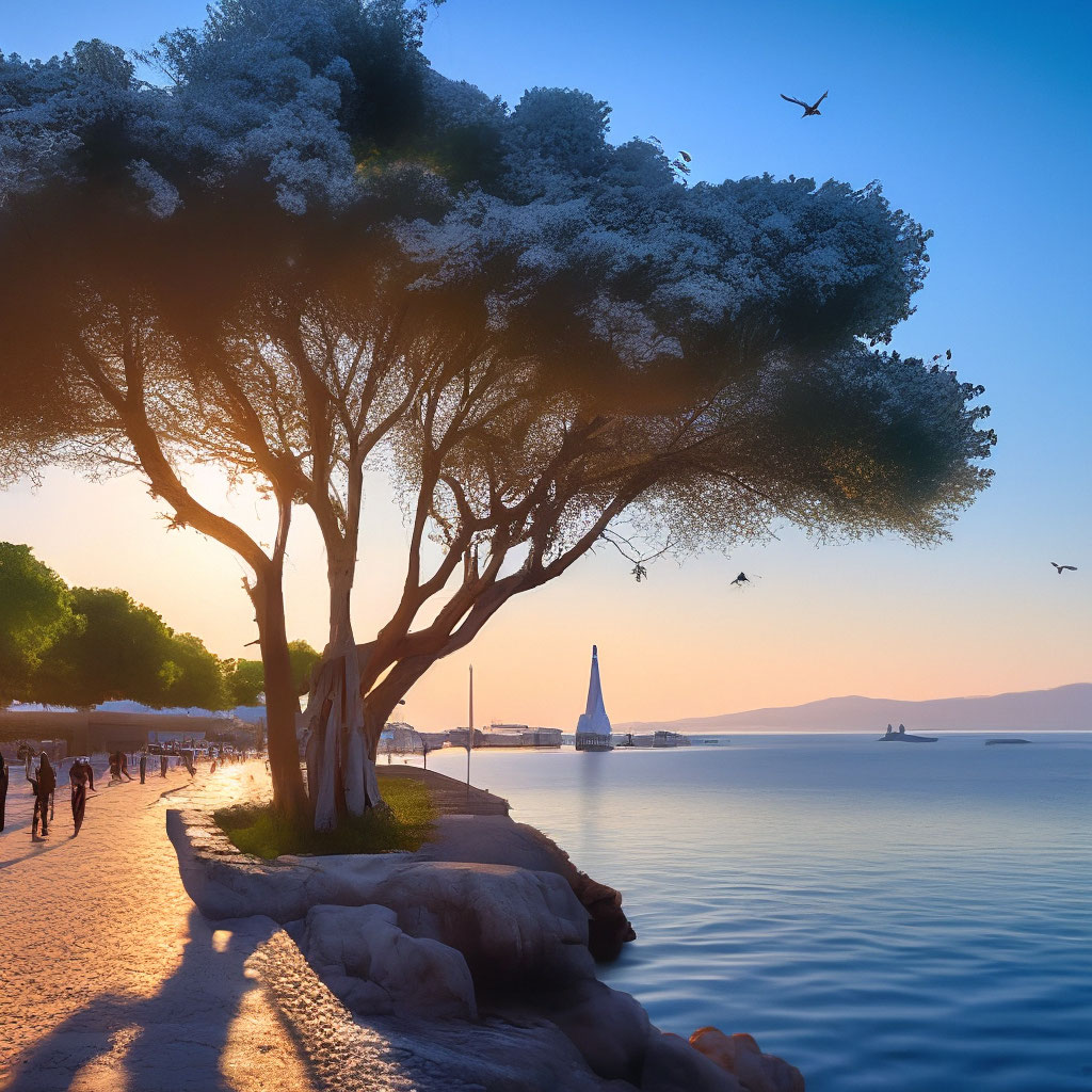 "Bodrum embankment, blue sea, seagulls, morning, big acacia tree on the ...