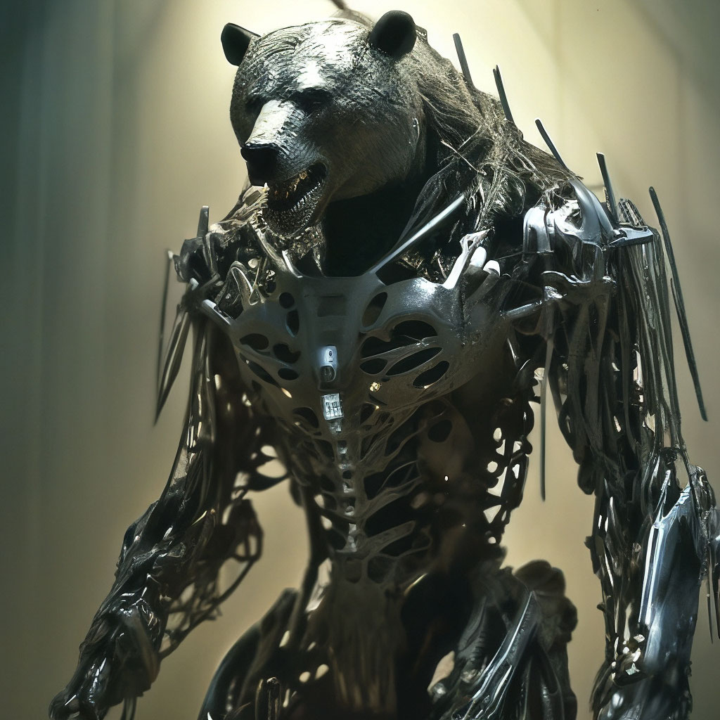 "Cyborg bear, horror, twilight, metal body, light contour around the ...