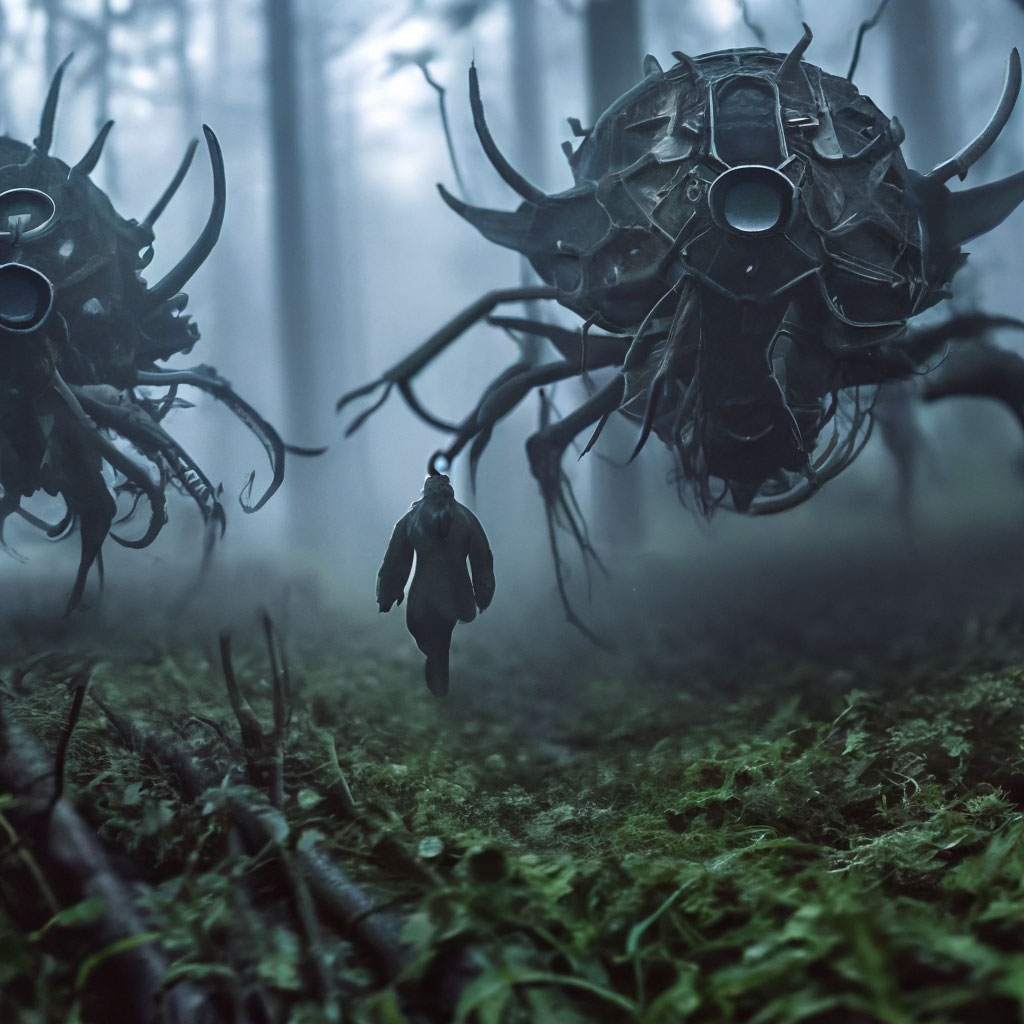 "Night, forest. filigreed detailed creatures are hunting for a fleeing ...