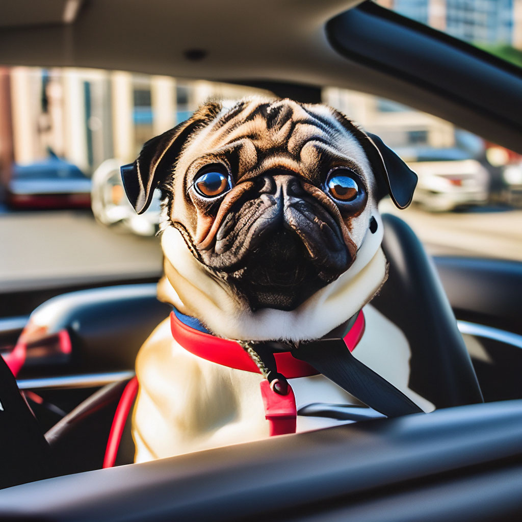 "Pug rides in a car" — image created in Shedevrum