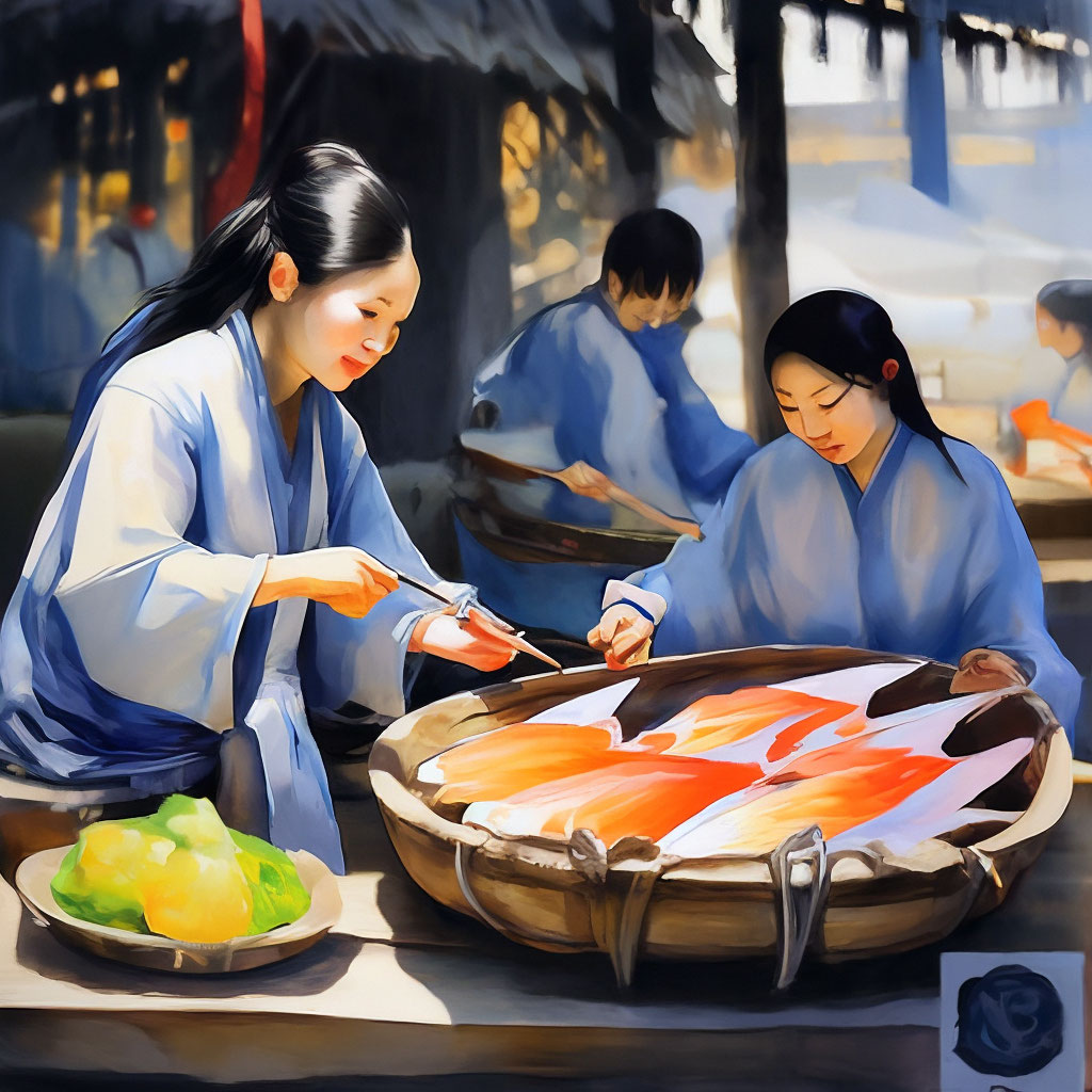 "Fishmongers, art, painting on rice paper, Chinese Gong Bi painting ...