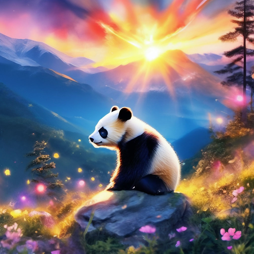 "Mountain landscape in the early morning, sunrise, panda, cutie, mimic ...