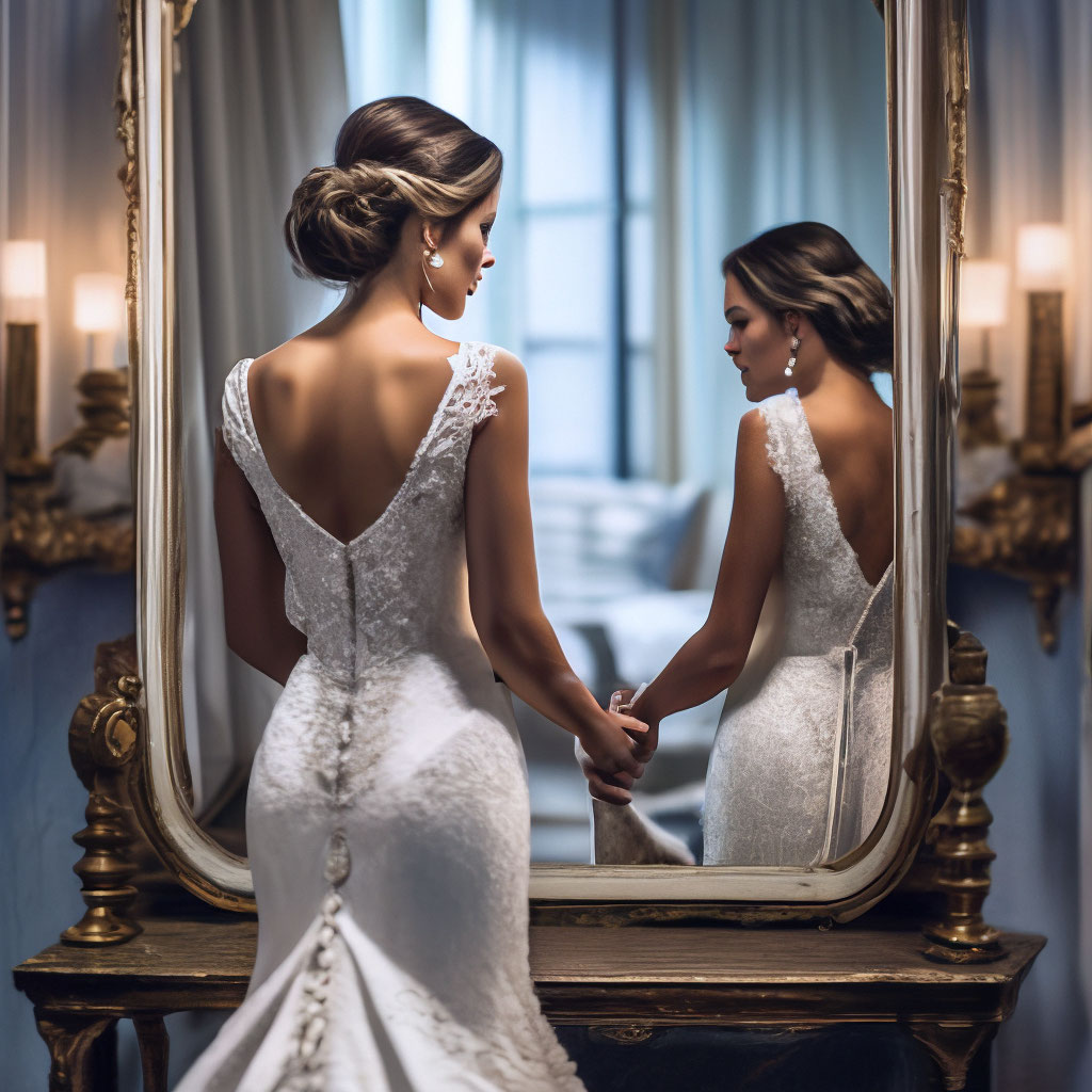 "A glamorous bride looks in the mirror and sees her own Reflection is ...