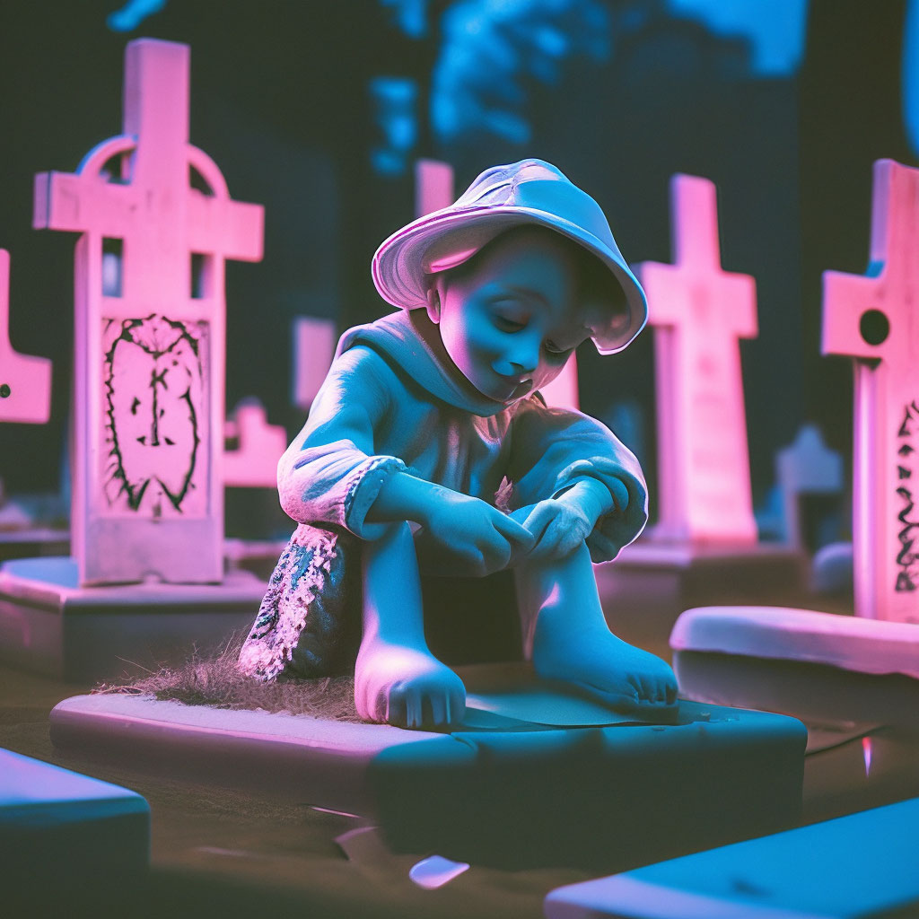"Sad pinocchio sitting among the graves in the old cemetery" — image ...