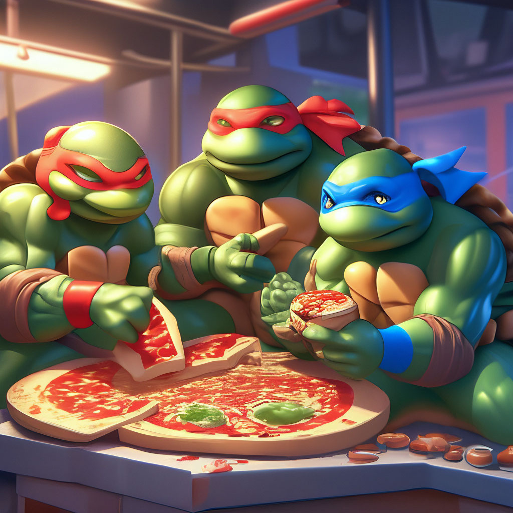 "Ninja turtles eat big pizza" — image created in Shedevrum
