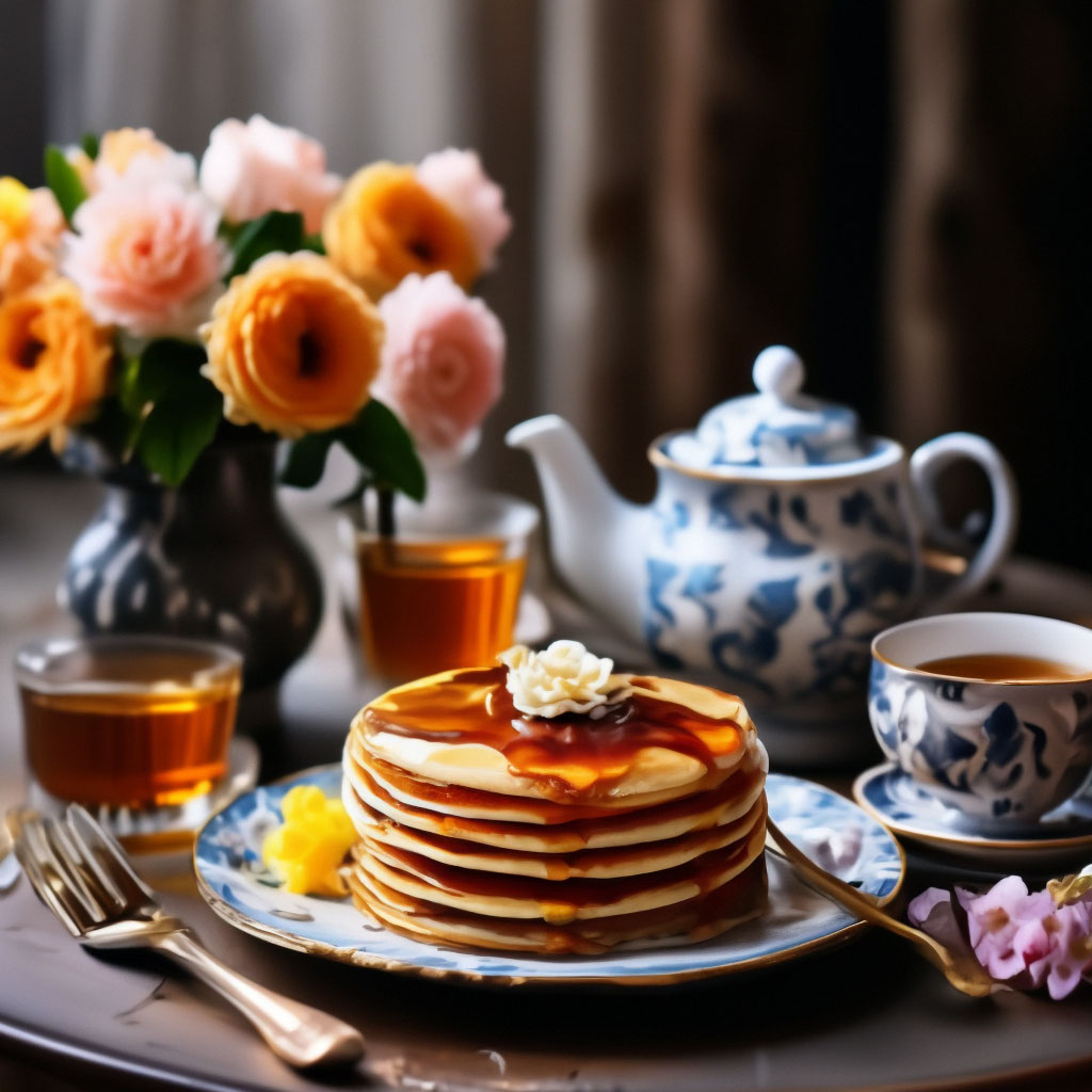 "Good morning have a nice day tea party, table, cups, canfets, pancakes ...