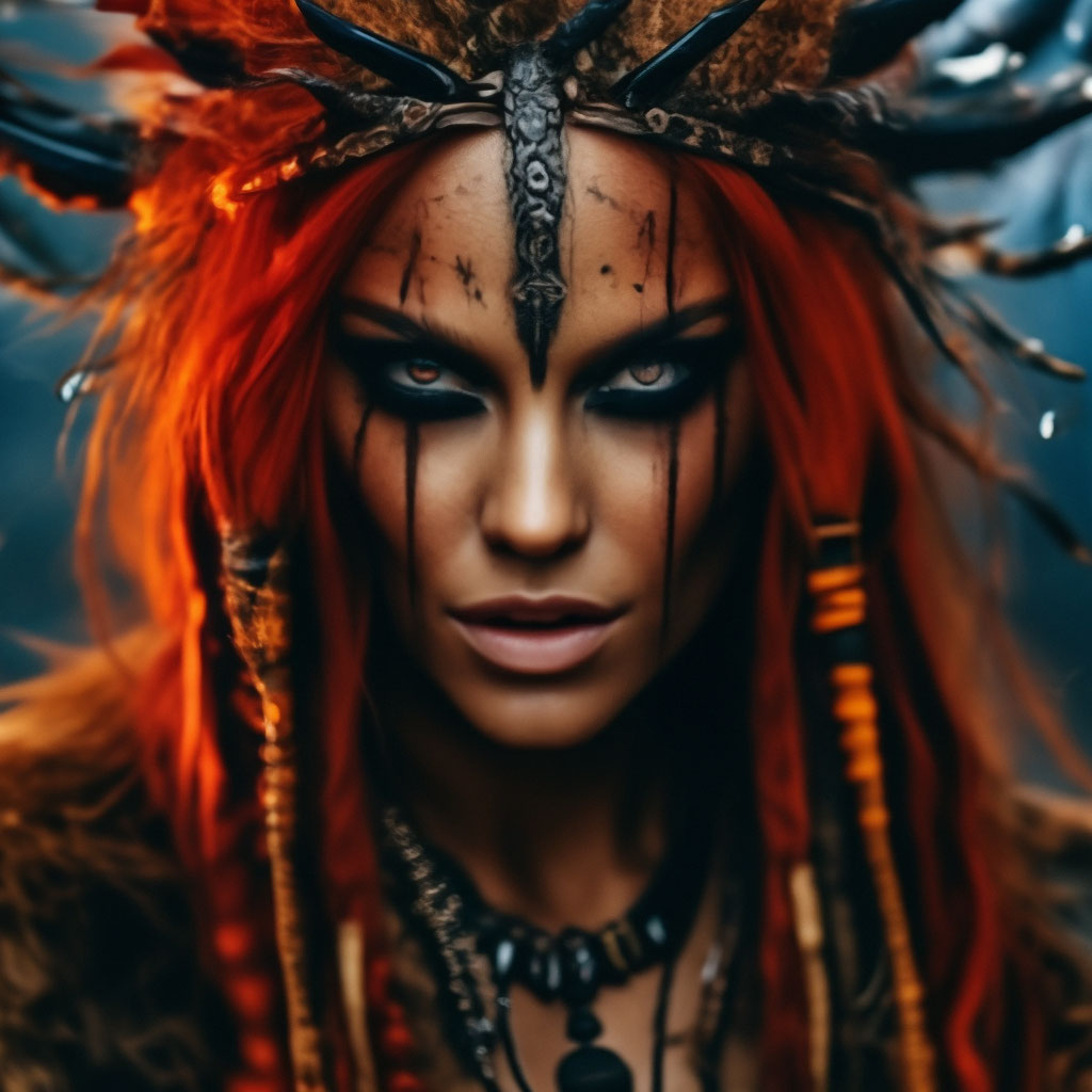 "Darkness. hyperrealistic dark shaman girl with fiery hair, dark makeup ...