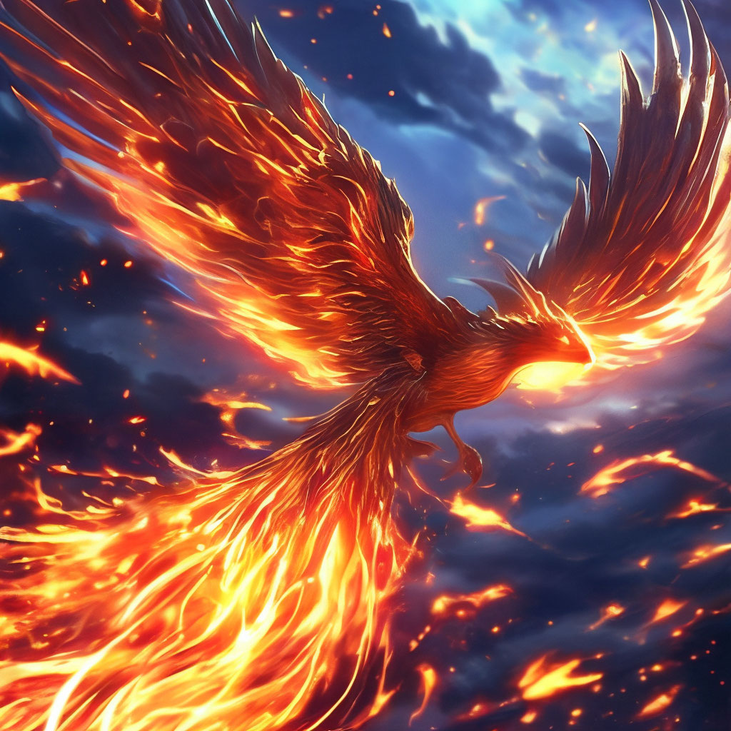 "A firebird flying through the night sky with a fiery trail and falling ...