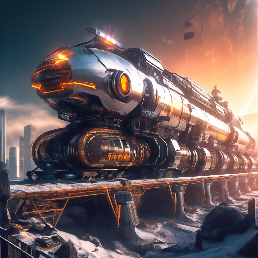 "Post-apocalypse high-tech space steam derizable ship train on the ...