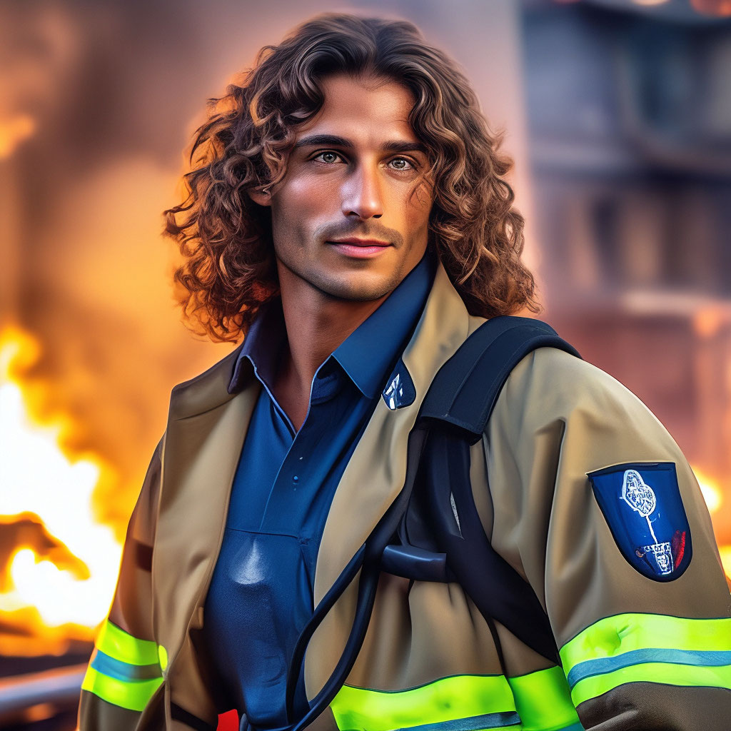 "A brave firefighter on the background of fire, a handsome Italian with ...