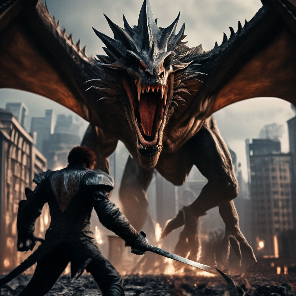 "Scary wyvern fights with a man" — image created in Shedevrum