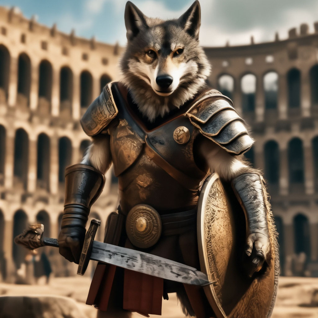 "The wolf is a gladiator, standing in the arena of the Colosseum, with ...