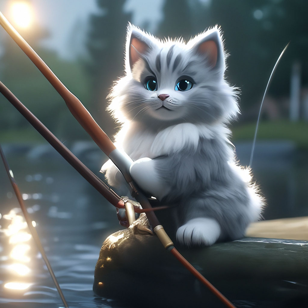 "Fluffy electric gray and white cat, goes fishing with a fishing rod ...