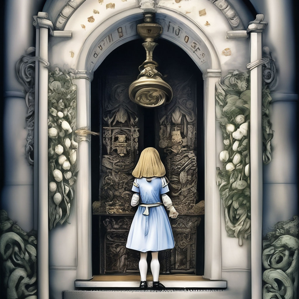 "Alice was standing in front of a huge door with an arch over which was ...