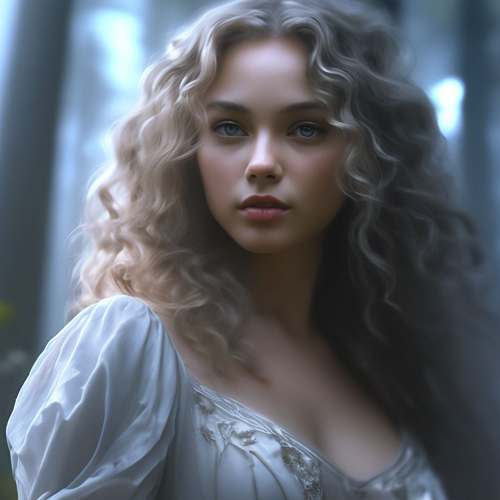 "Hyperrealism, beautiful misty, distant image of a girl, light curly ...