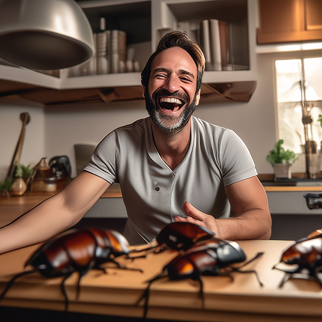 "A man sits in the kitchen with small cockroaches and laughs" — image ...