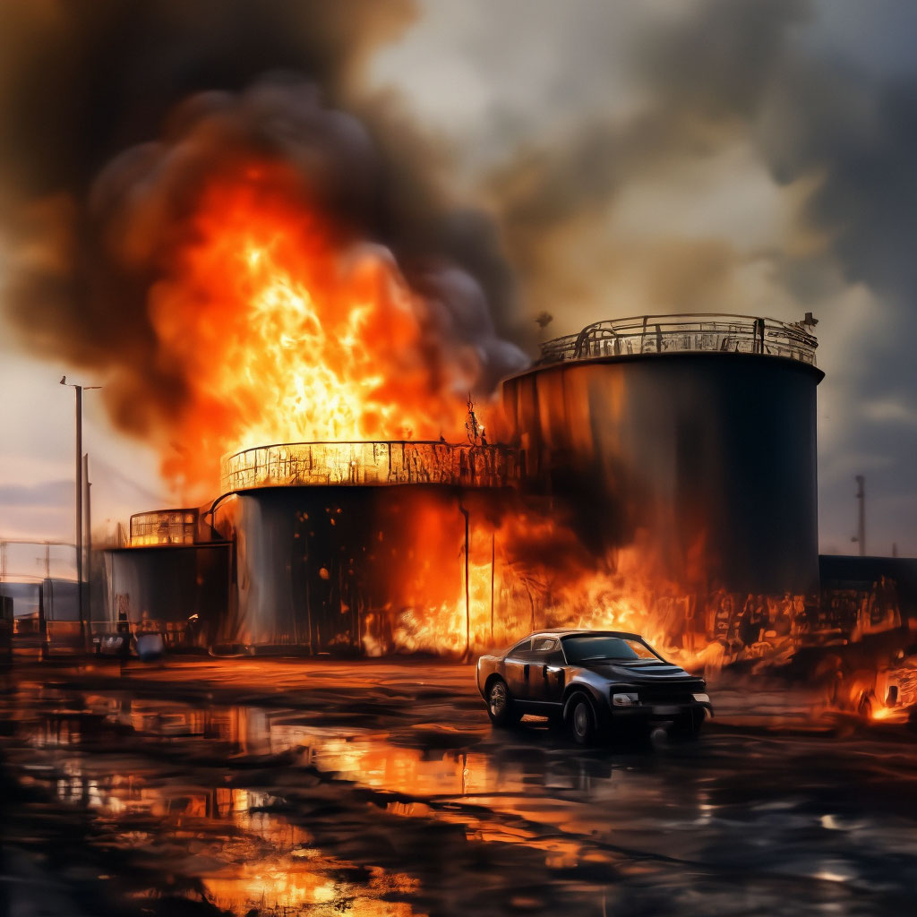 "Come to us for a light) fire at the oil depot" — image created in ...