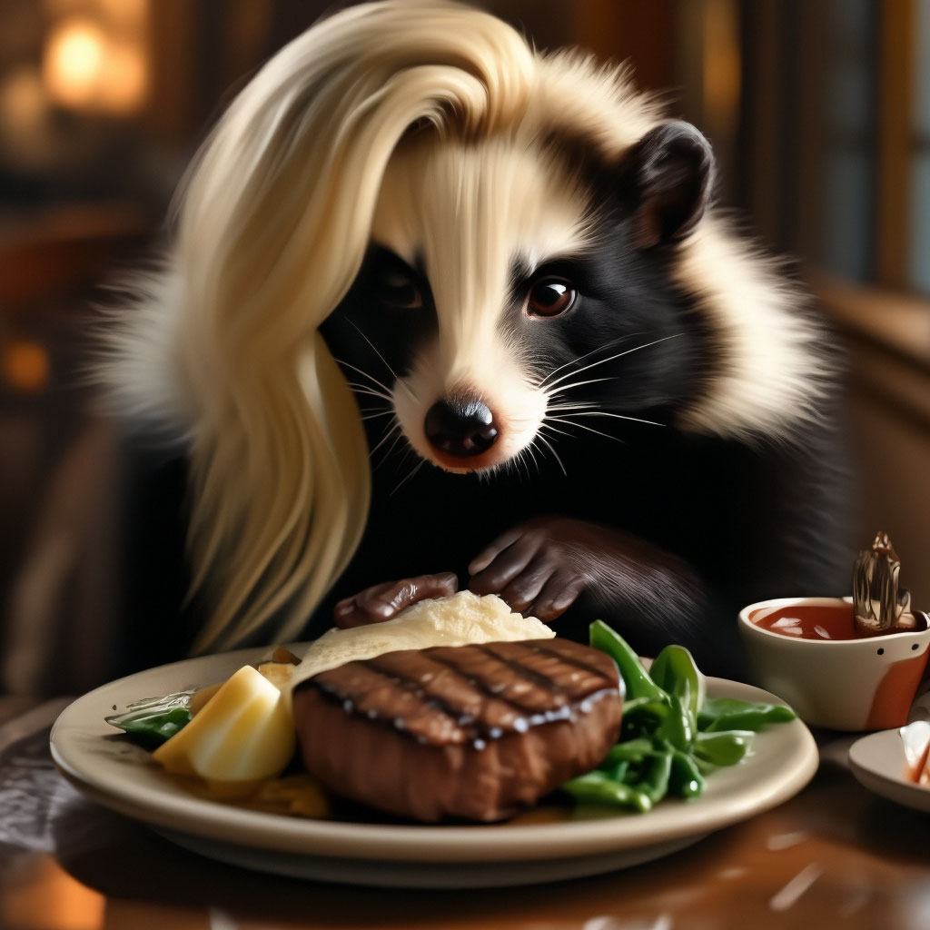 "The blonde is eating steak with a fluffy skunk." — image created in ...
