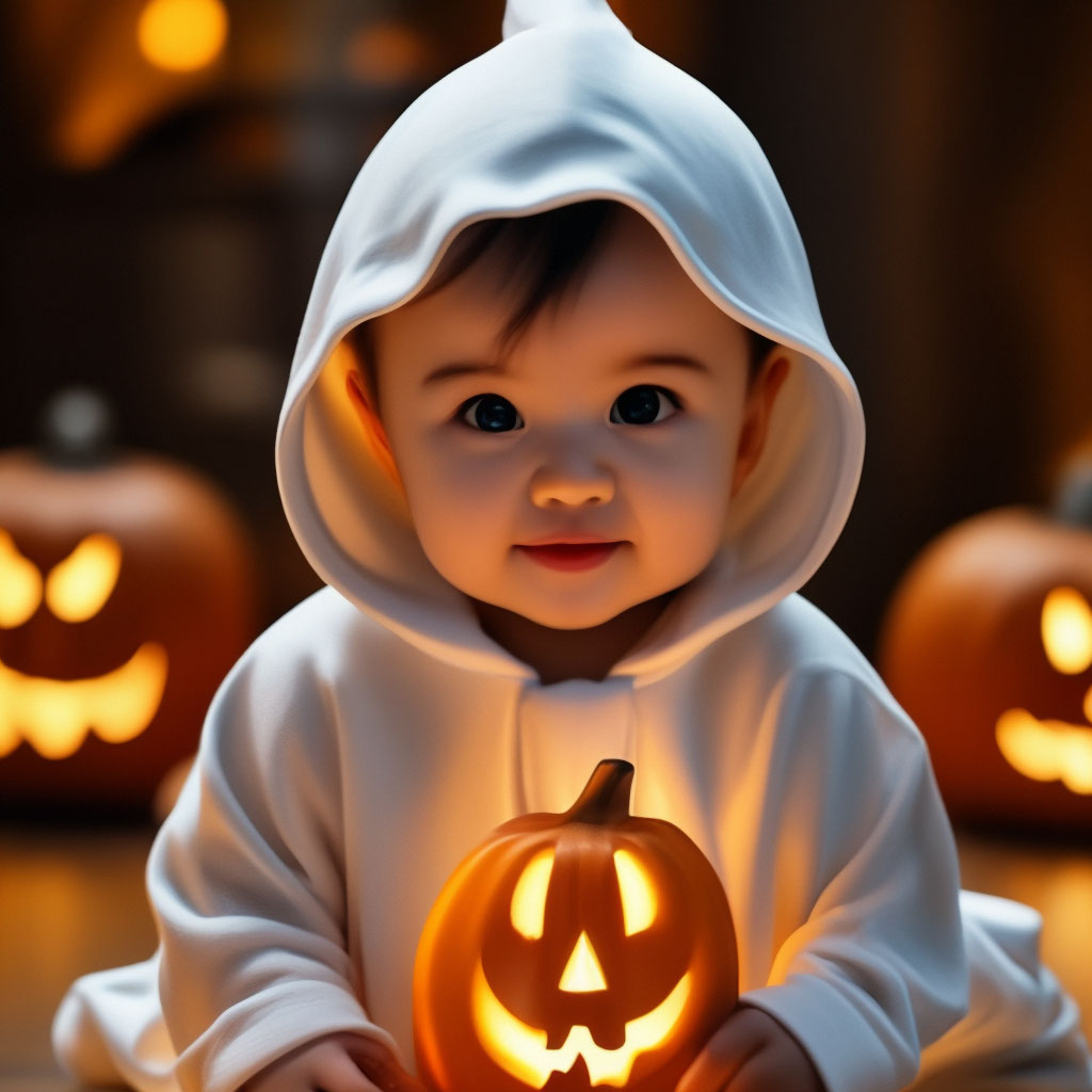 "Baby and cute ghost play, halloween" — image created in Shedevrum