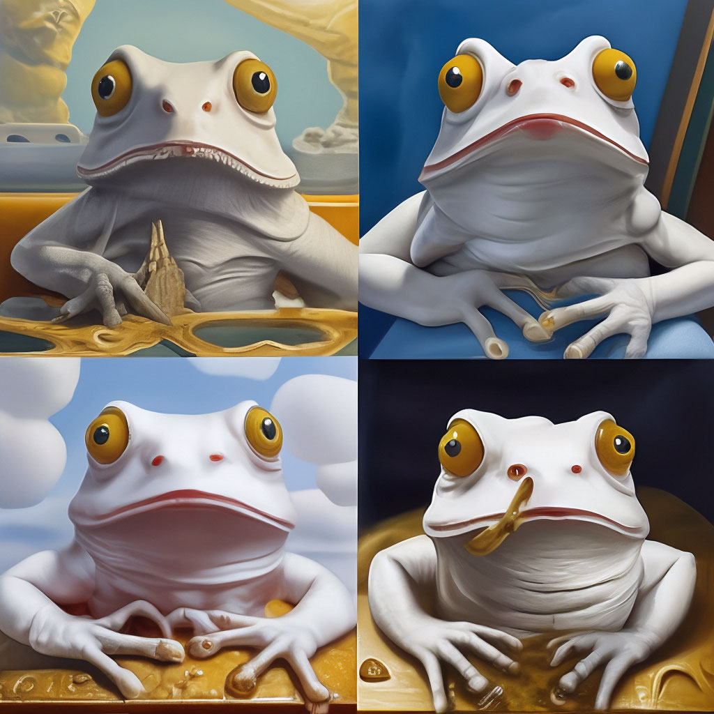 "Four portraits of a white frog . surrealism grotesque in the style of ...