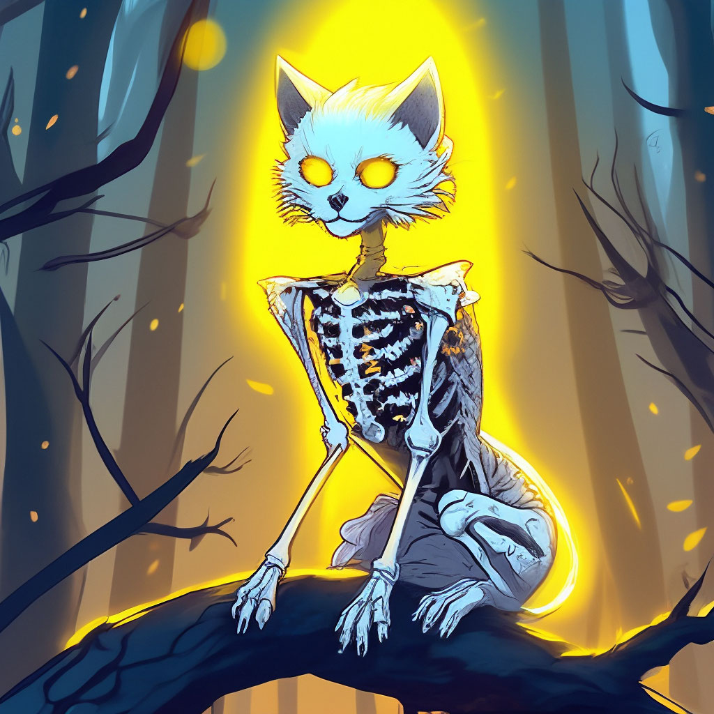 "Concept art sits on a branch in a gloomy forest skeleton cat yellow ...