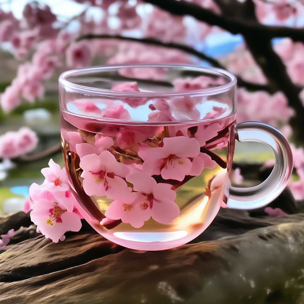 "A glass mug of sakura tea, under a blooming sakura tree." — image ...