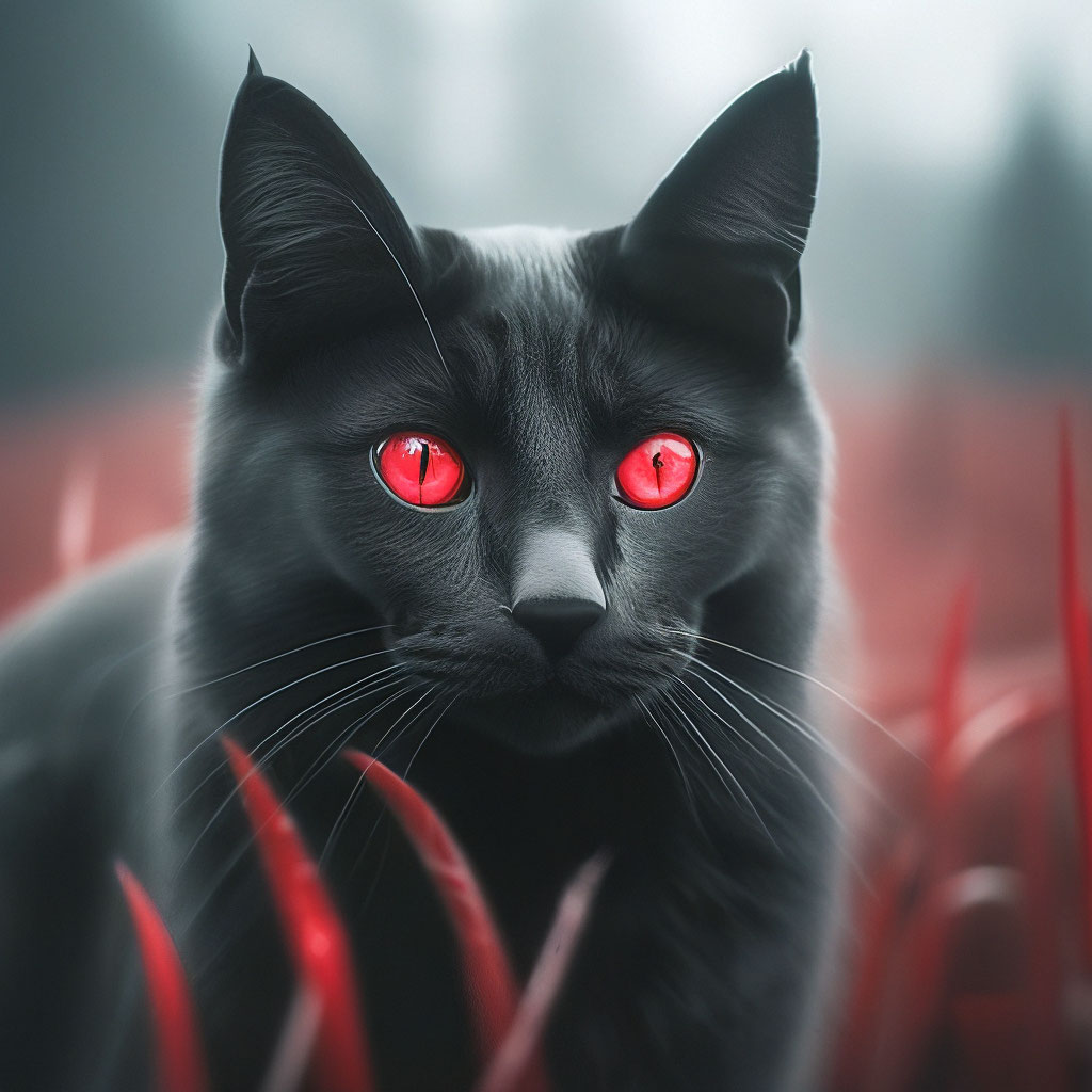 "Wide-eyed cat with red eyes, high quality" — image created in Shedevrum