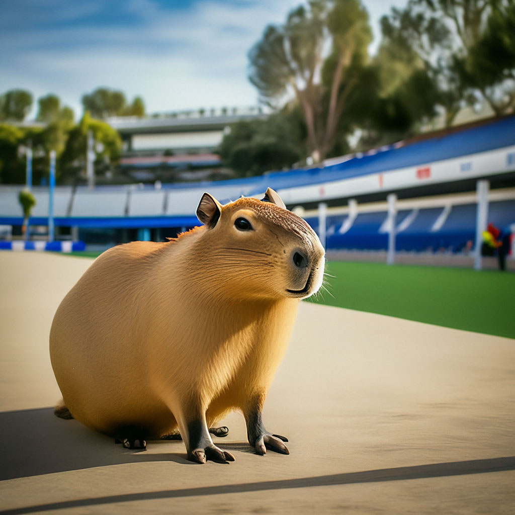 "Capybara near Real Madrid Football Club" — image created in Shedevrum