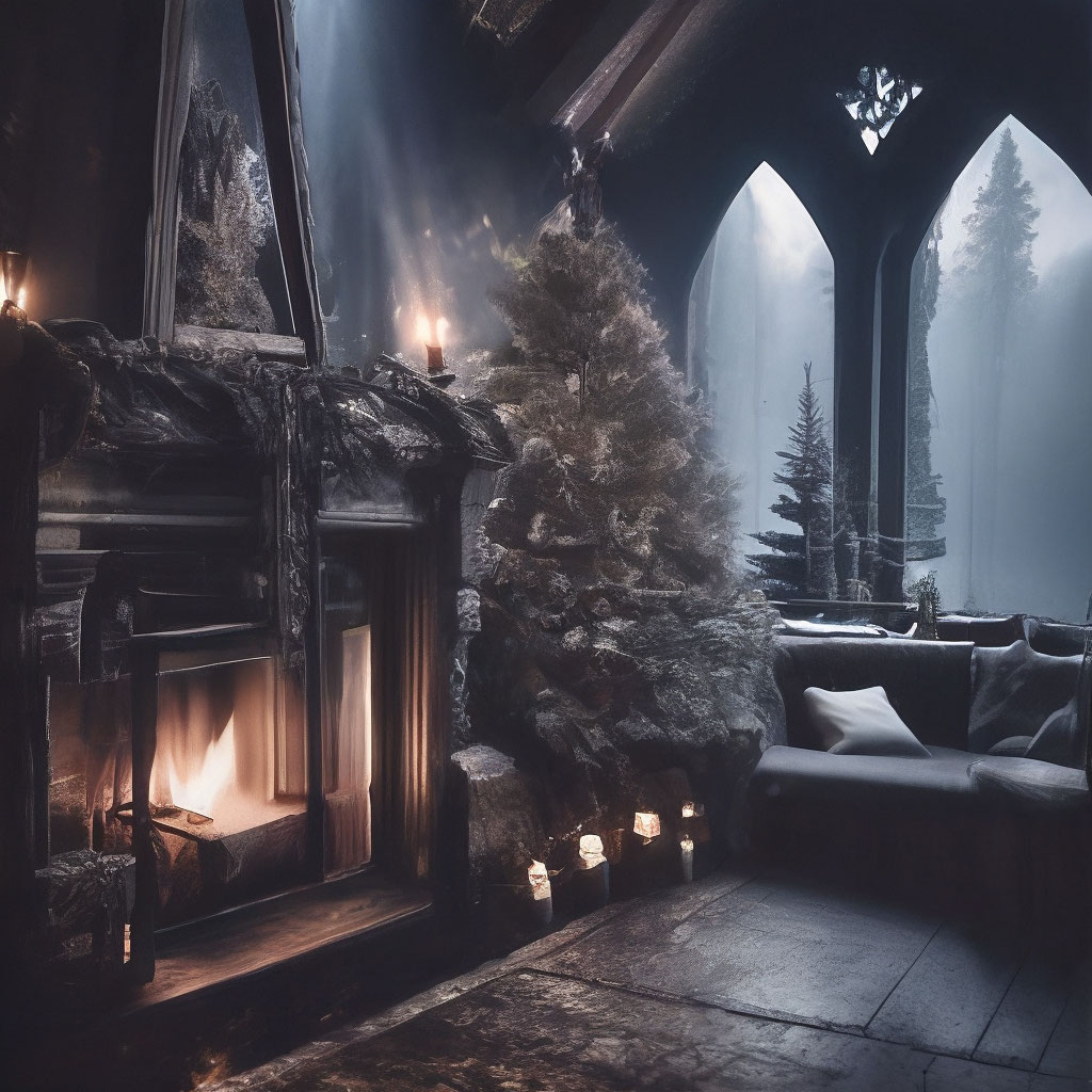 "Christmas tree in the house with a fireplace at night" — image created ...