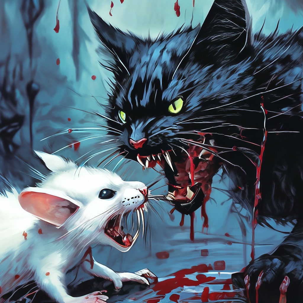 "A black cat fights with a white mouse, fangs, drool drips, the mouse ...