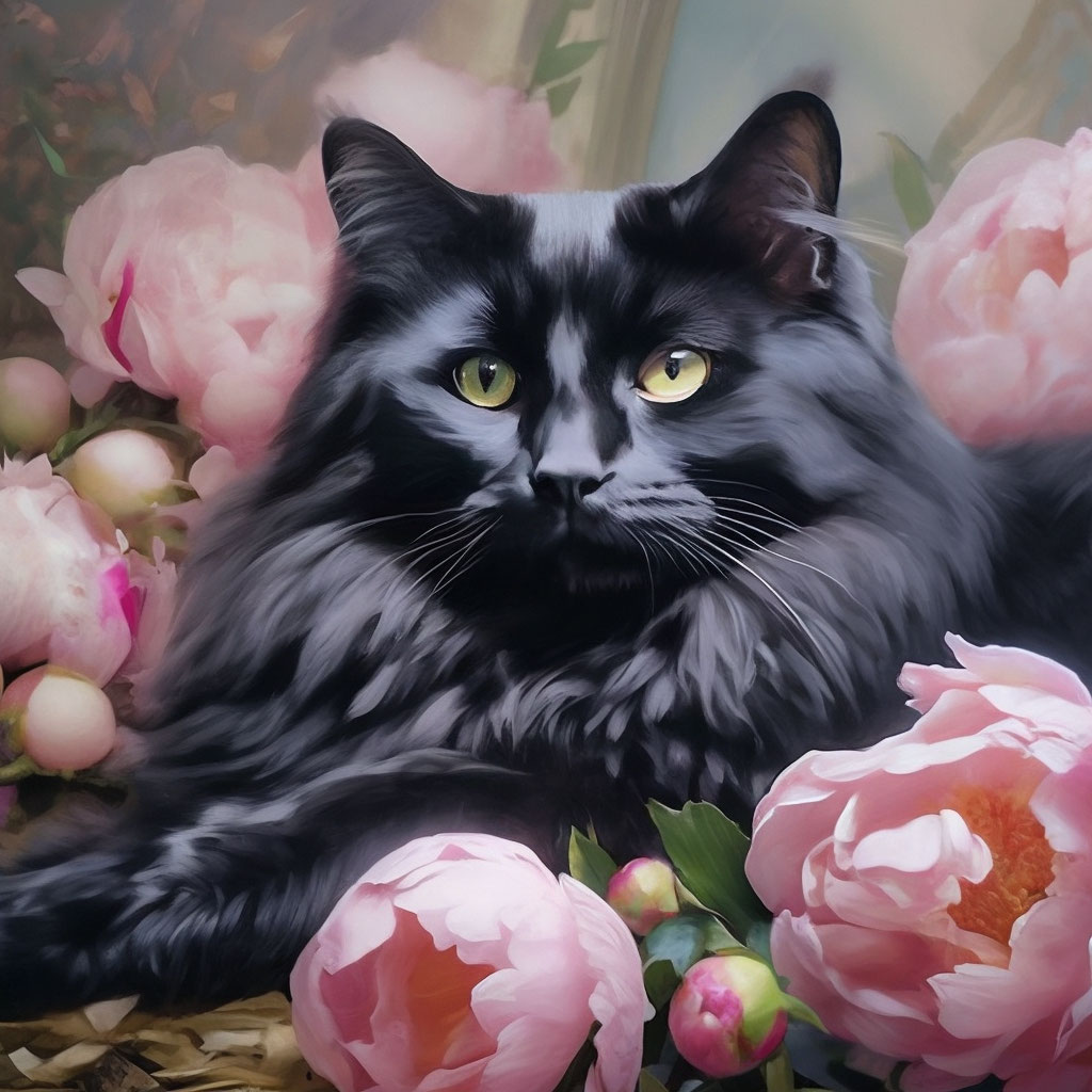 "Photorealism, realism, black fluffy cat, lying on his back around ...