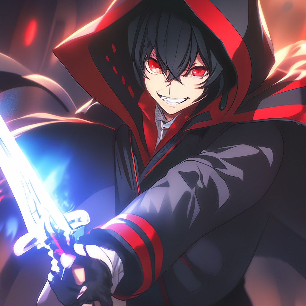"A ghost with red eyes, black hair, smiling maliciously, a white sword ...