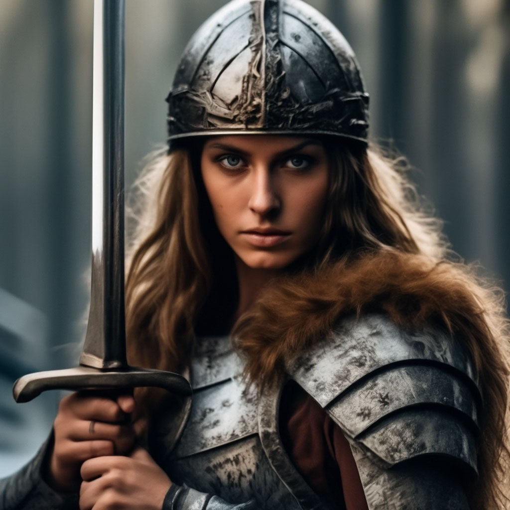 "Helga with a sword in her hand in a helmet" — image created in Shedevrum