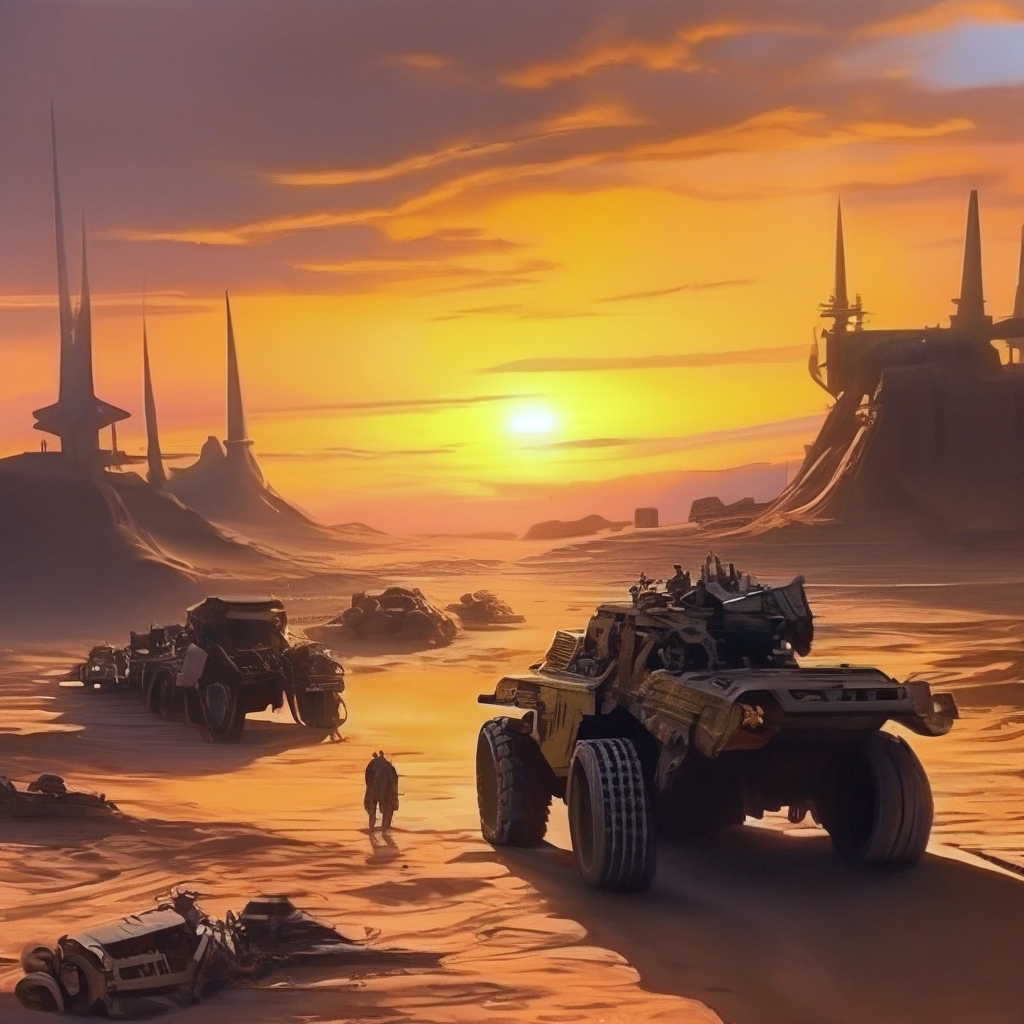 "Sunset in the wastelands of a crazy, yellow post-apocalyptic world ...
