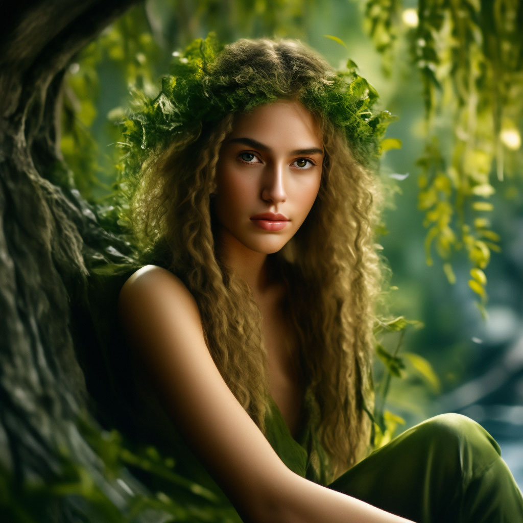 "An elf in a fairy forest sits under a weeping tree, hyperrealism, high ...