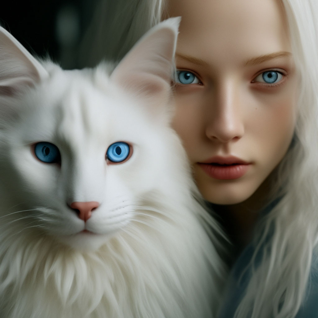 "Albino girl with a maine coon albino with huge, pale blue eyes ...