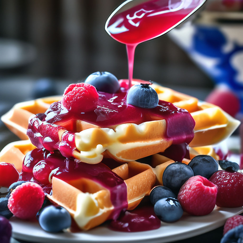 "Viennese waffles with blueberries , poured with raspberry jam ...