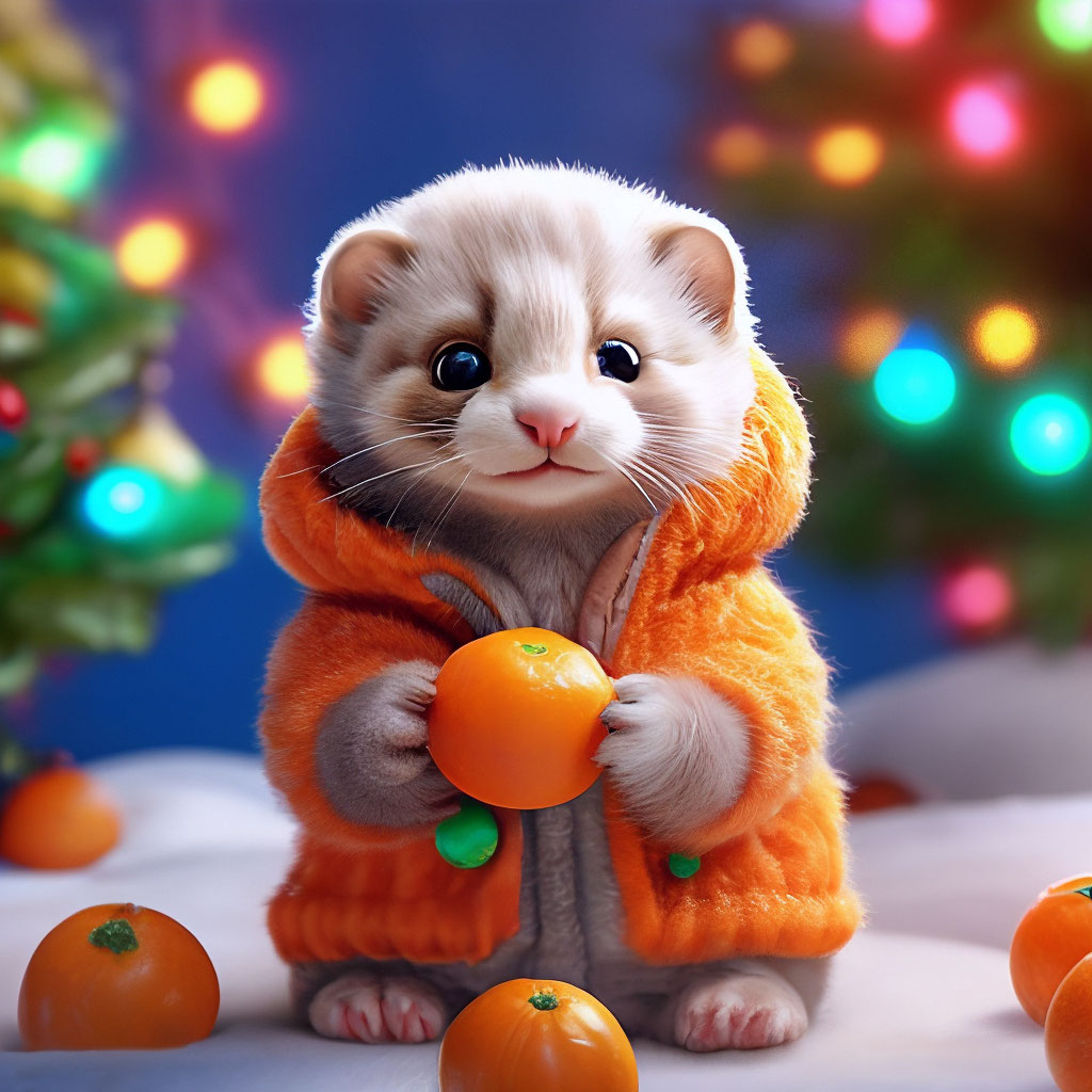 "Realistic tiny fluffy ferret cub , holding tangerine, fluffy, fur, big ...