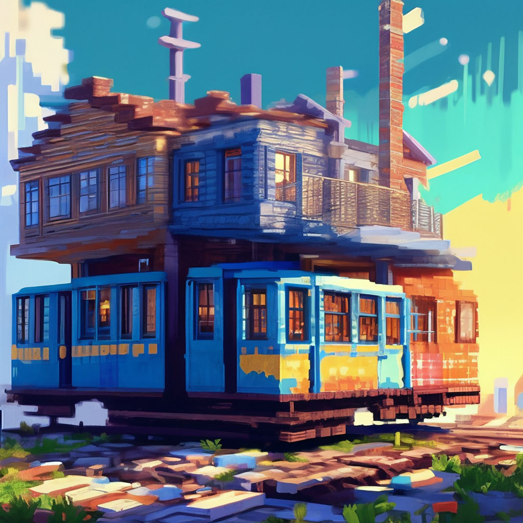 "Unfinished house, Broken tram, Unfinished windows," — image created in ...