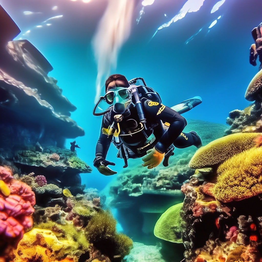 "Scuba diver in an underwater city,algae,corals,fish,realistic photo ...