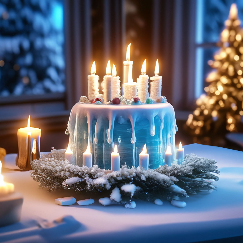 "Epic ice cake decorated with candles, snow under the cake, radiance ...