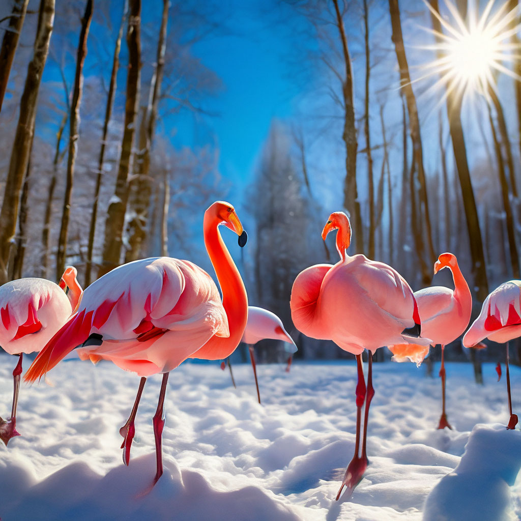 "Pink flamingos on a winter day standing in the snow at the edge of the ...