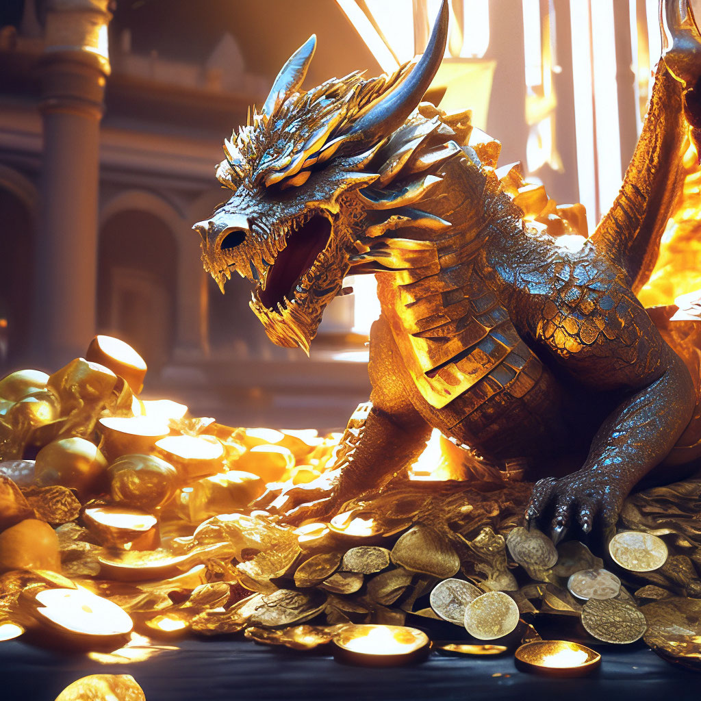 "A scene with a majestic ferocious dragon hoarding a pile of shiny gold ...