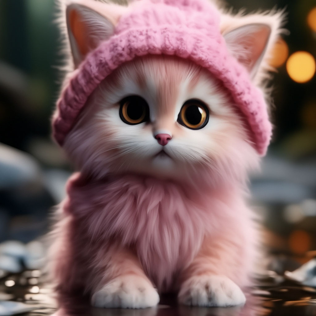 "Realistic tiny fluffy baby light pale pink cat,sit near a puddle of ...
