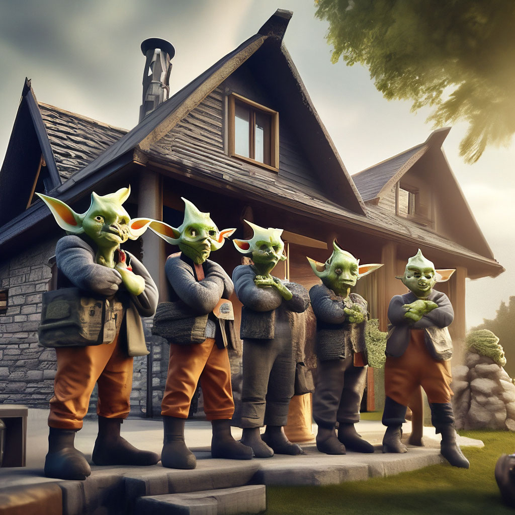 "A team of goblins are standing by the cottage. advertising ...