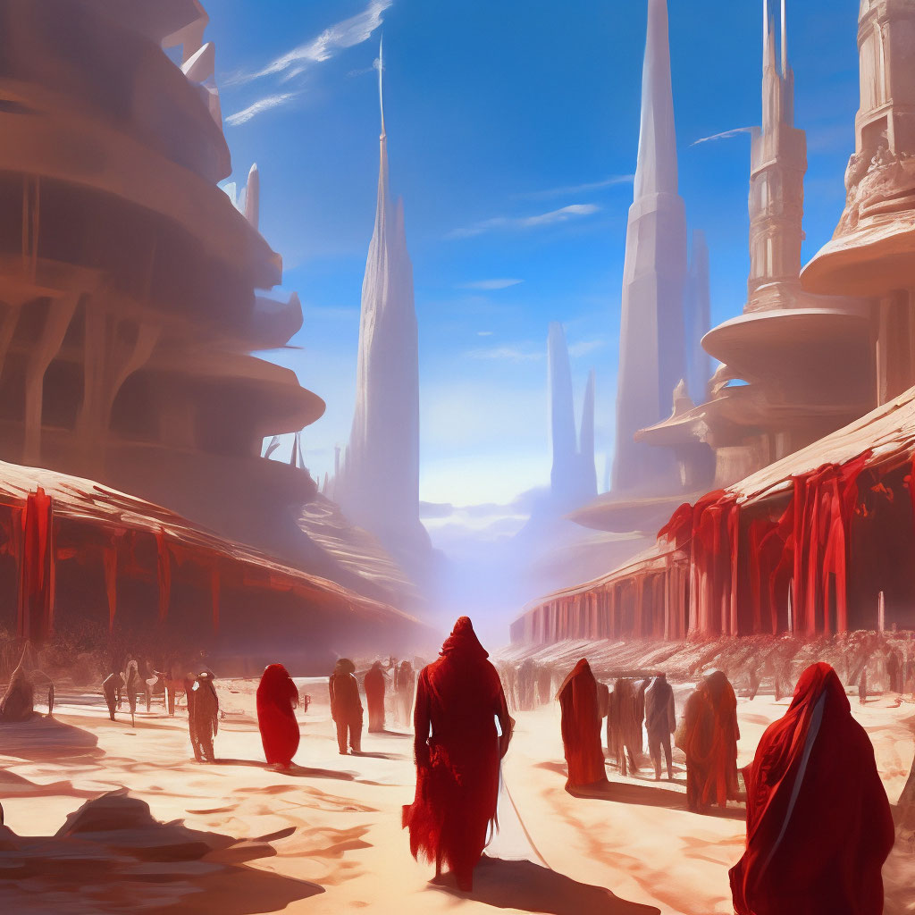 "Ravages of Time, megastructures, desert, caravan, people in red robes ...