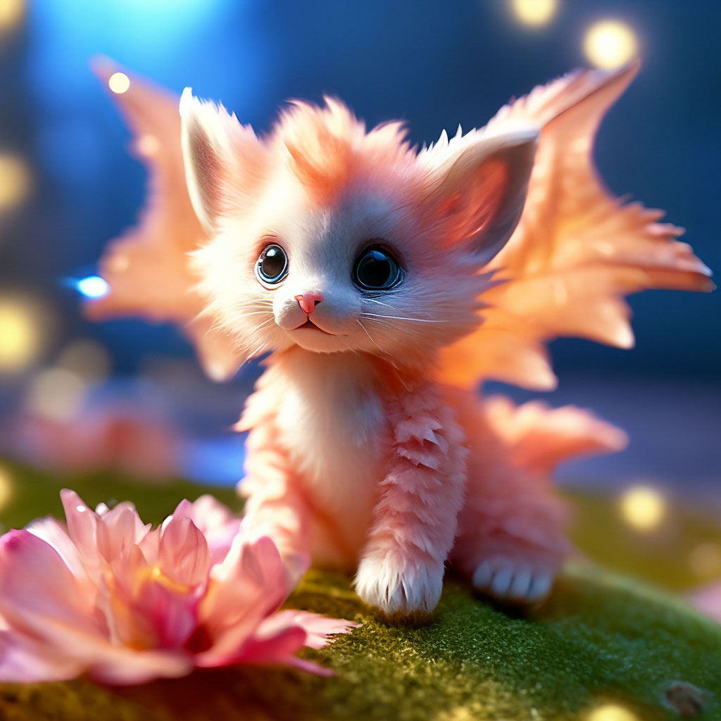 "Mini dragon small, tiny, cute, peach fluffy kitten with shining wings ...