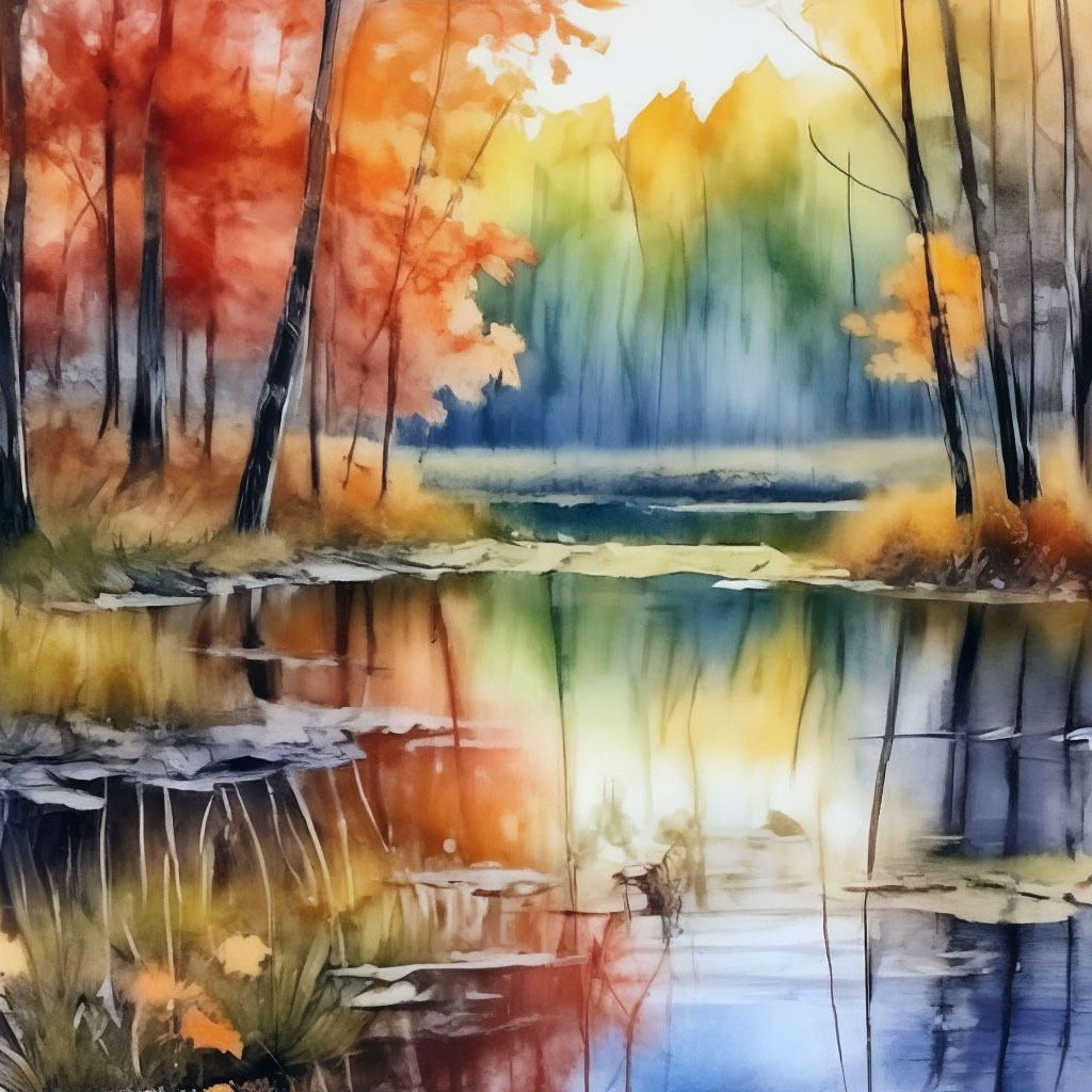 "Watercolor,detailed drawing of details, autumn pond in the forest ...